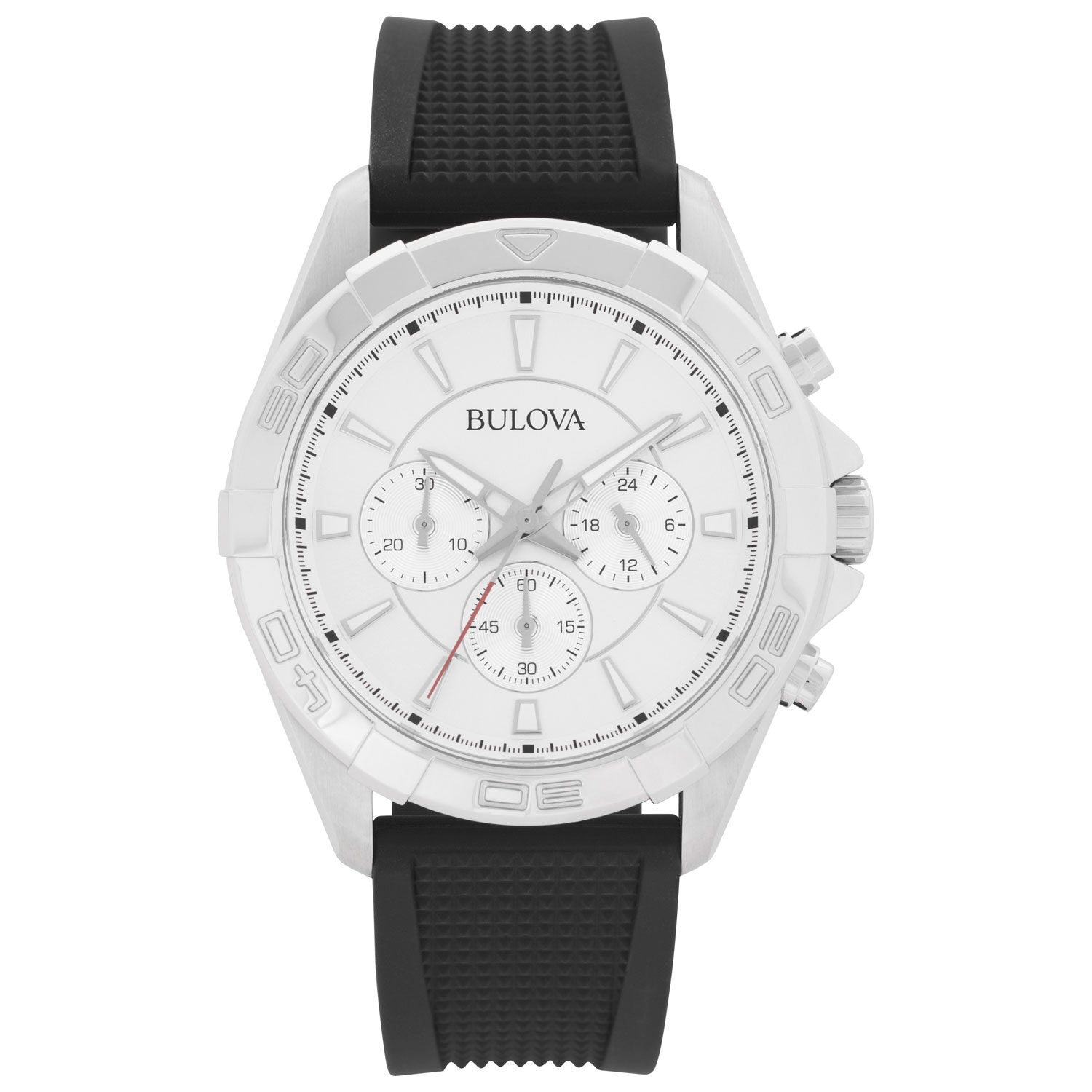 Reloj cronógrafo Bulova para hombre con esfera blanca y caucho negro 96A213 – Watches of America